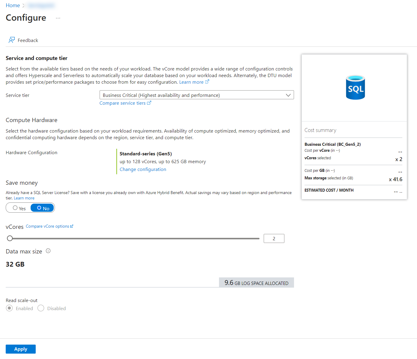 Unable to restore database because of size, unable to change target service level or target ...