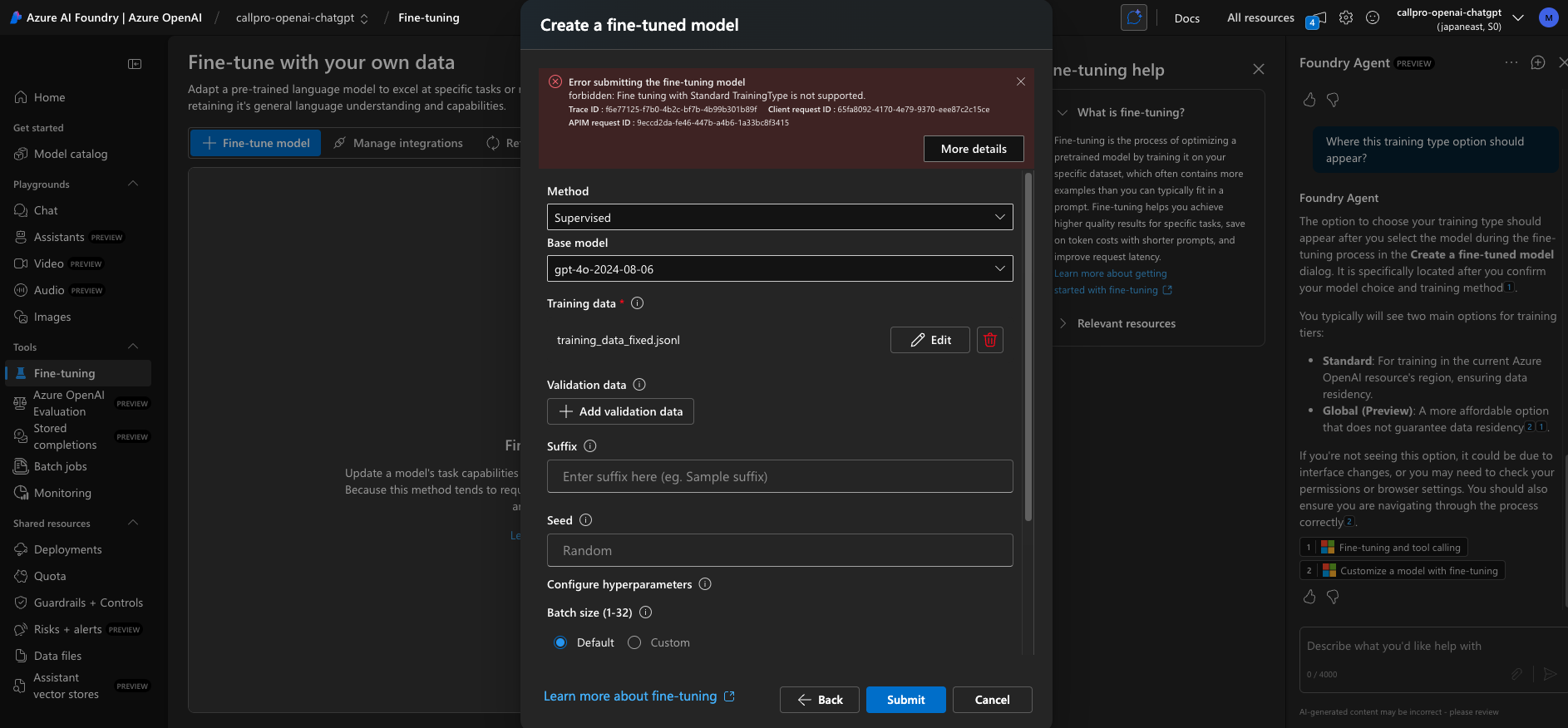 Can't locate anything to change training type when fine-tune base model ...