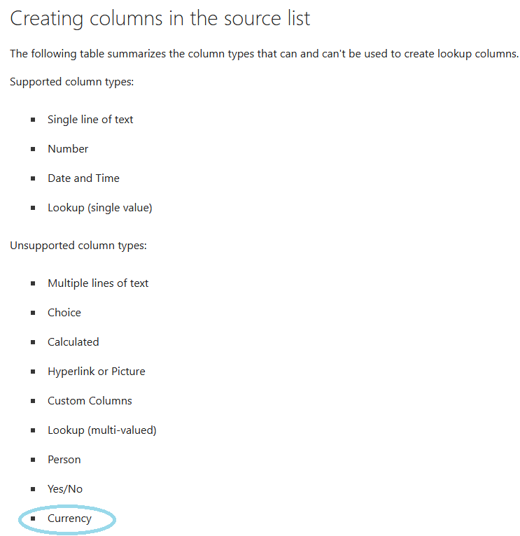 lookup column for currency column not showing up - Microsoft Q&A
