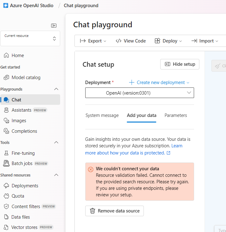 'Add your data' feature in Azure open ai not working - Microsoft Q&A