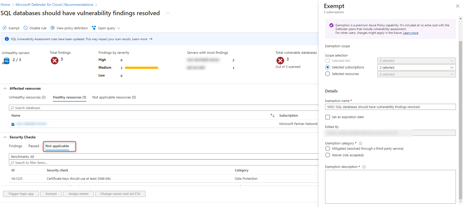 Defender for SQL - Vulnerability Assessment - Status: Not Applicable ...