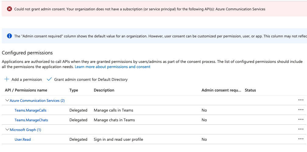 The app is trying to access a service "[id]"(Azure Communication ...