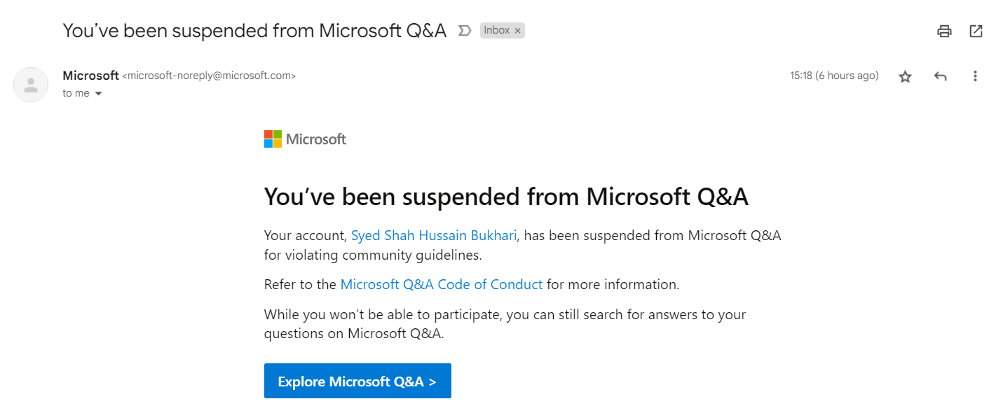 I've been suspended from Microsoft Q&A - Microsoft Q&A