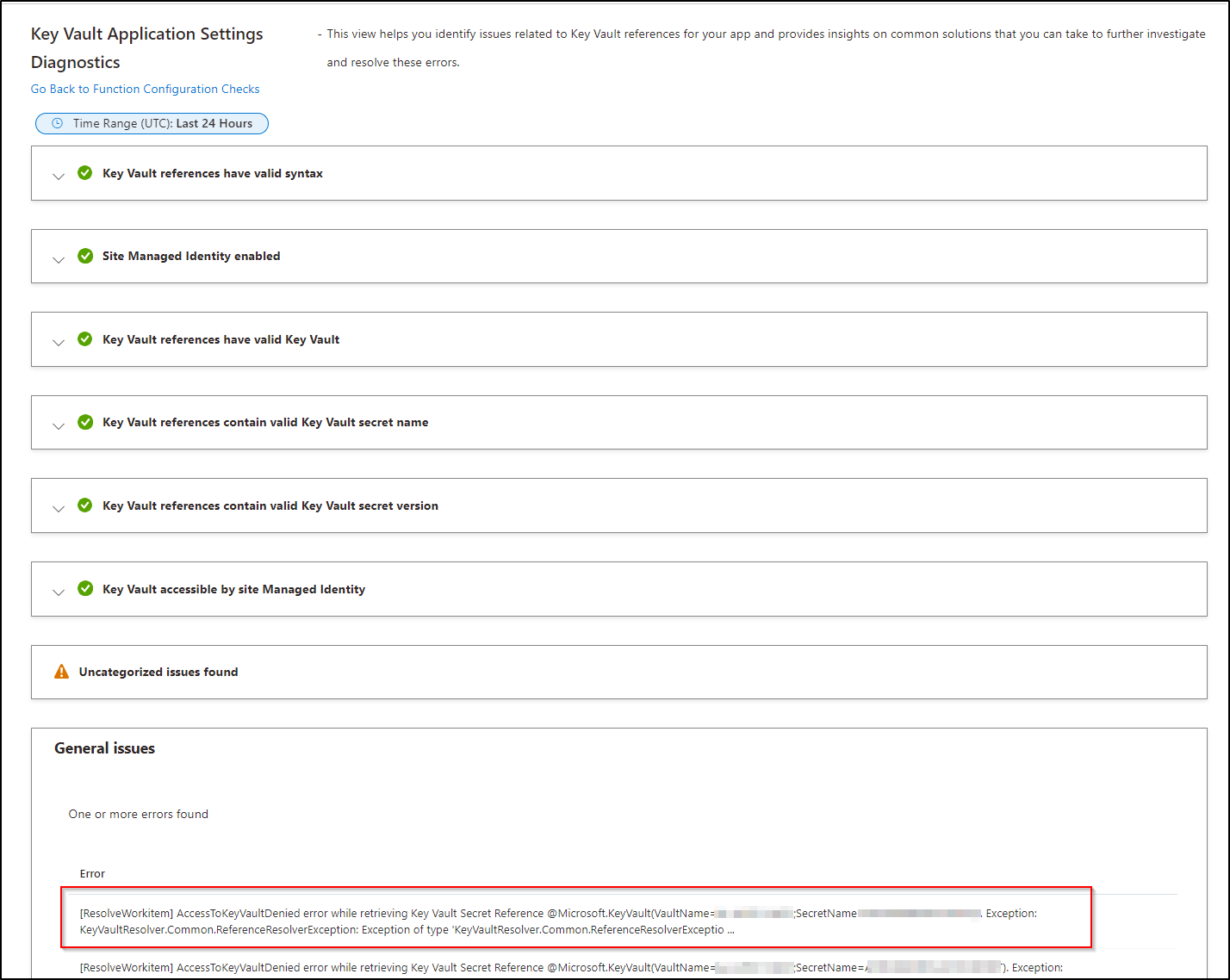 Function App Diagnostics Says Can T Access Keyvault Secrets But Environment Variables Says Its