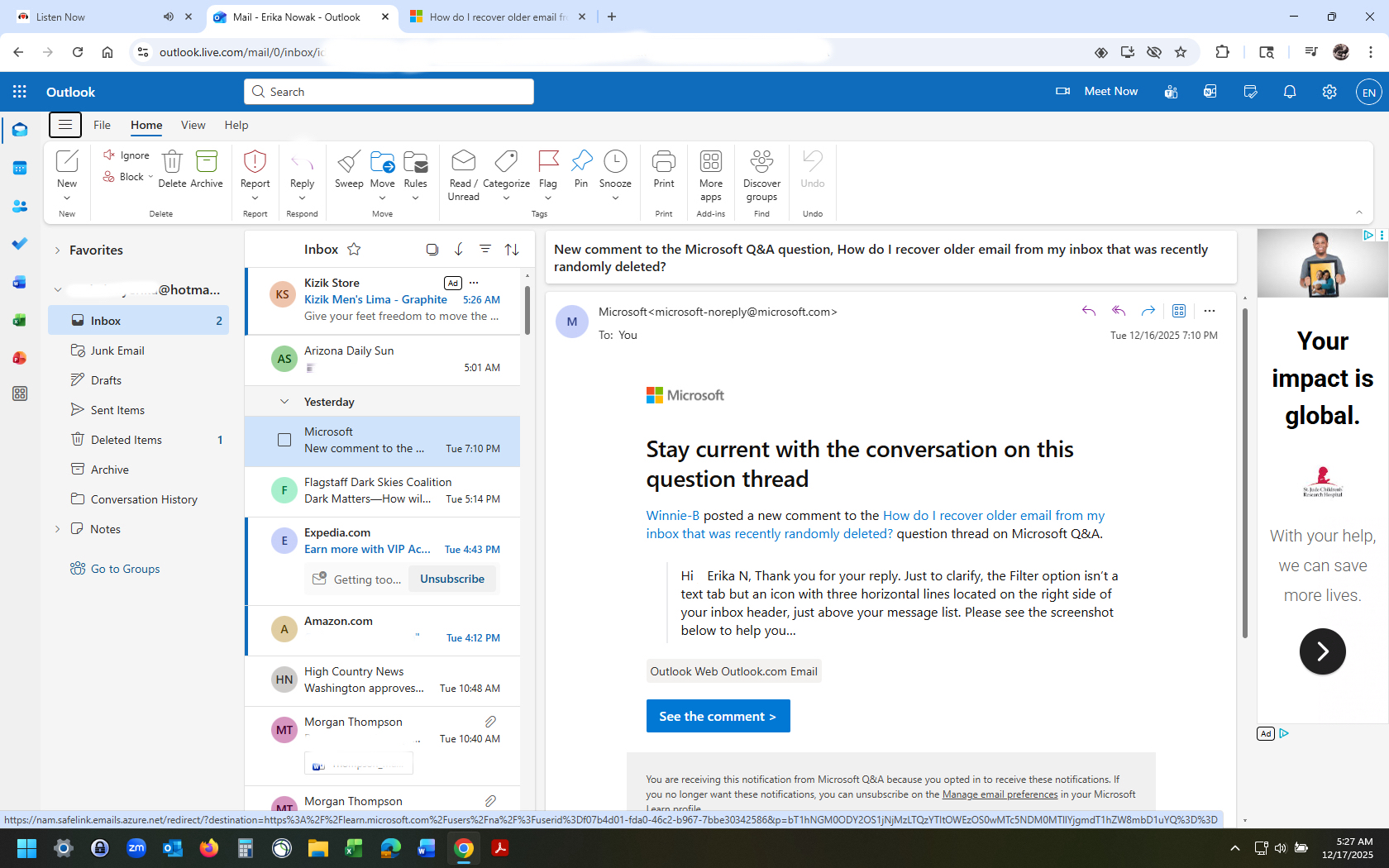 How do I recover older email from my inbox that was recently randomly ...