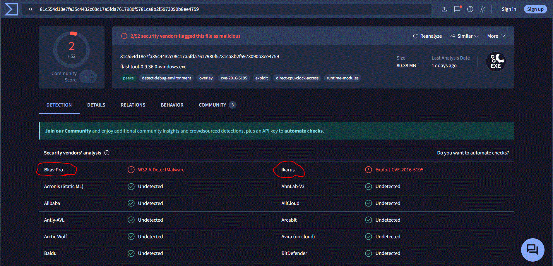 Ikarus i Bkav Malware en Virus Total - Microsoft Q&A