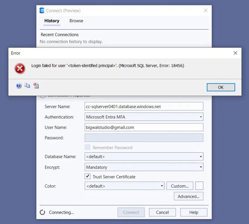 Connection issues using SSMS, error 18456 - Microsoft Q&A