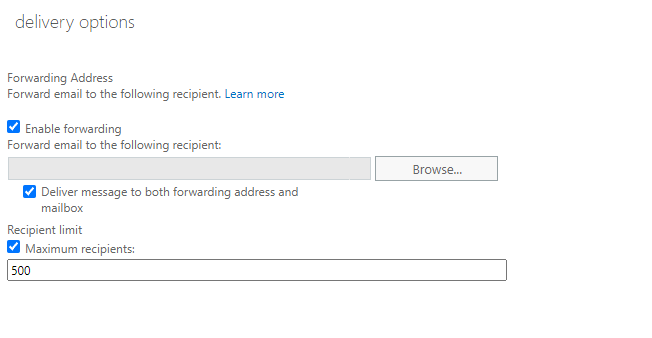 Set auto replies, Apply forwarding email address of user account in Exchange Admin Center Online ...