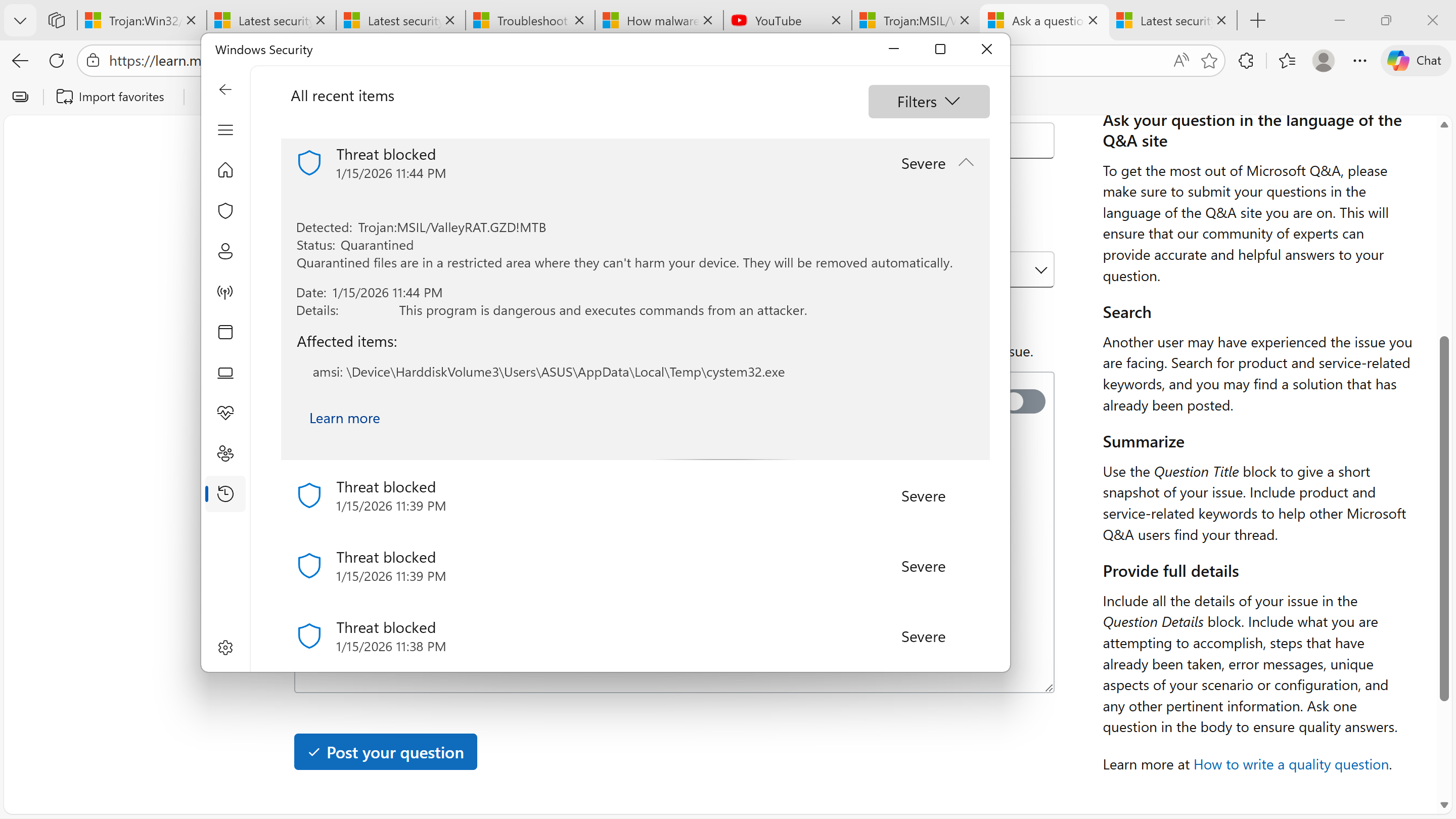 how to fix this Trojan:Win32/SuspExec.HG!MTB and Trojan:MSIL/ValleyRAT ...