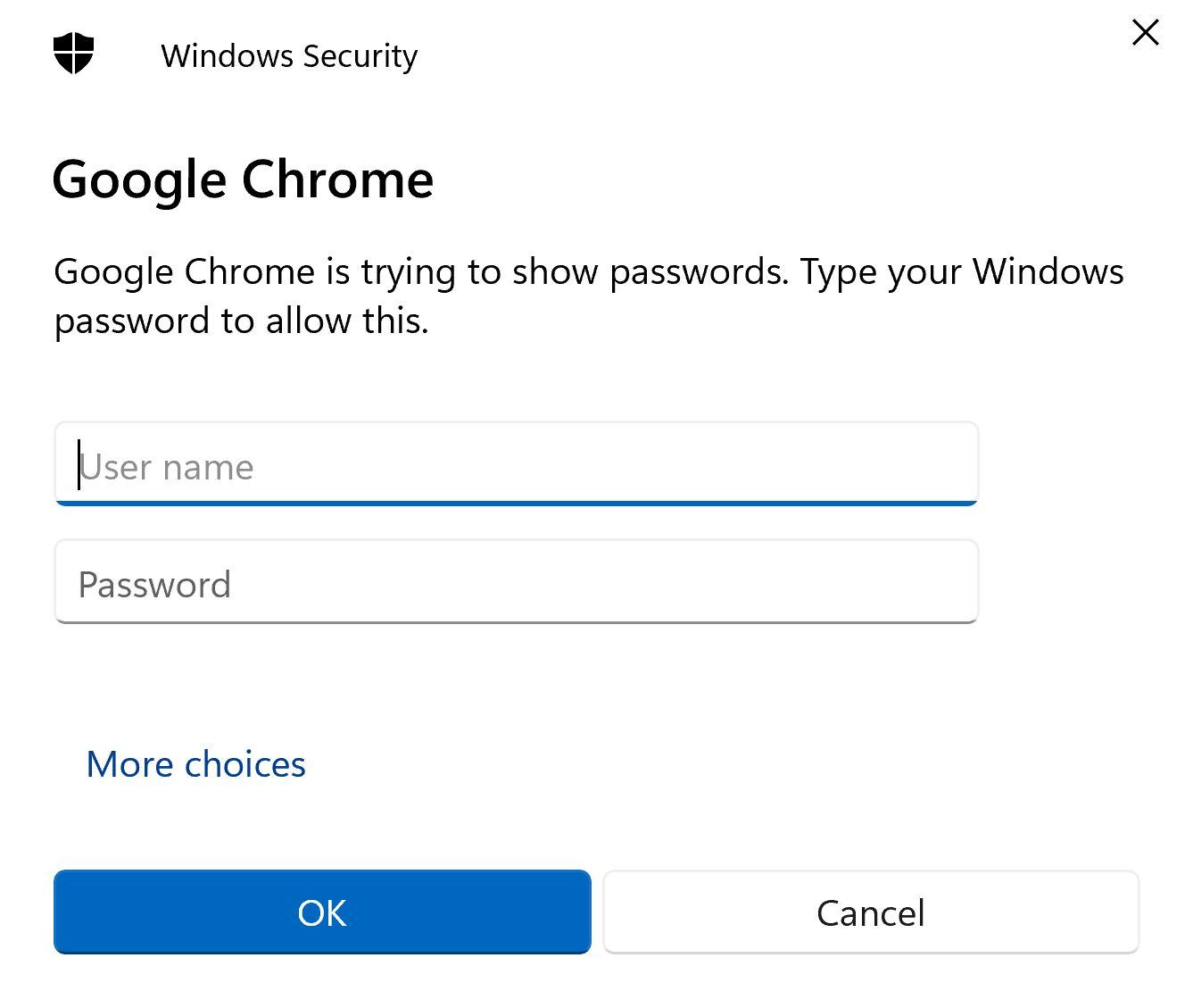 windows security when google chrome is trying to show passwords. The windows username is empty ...