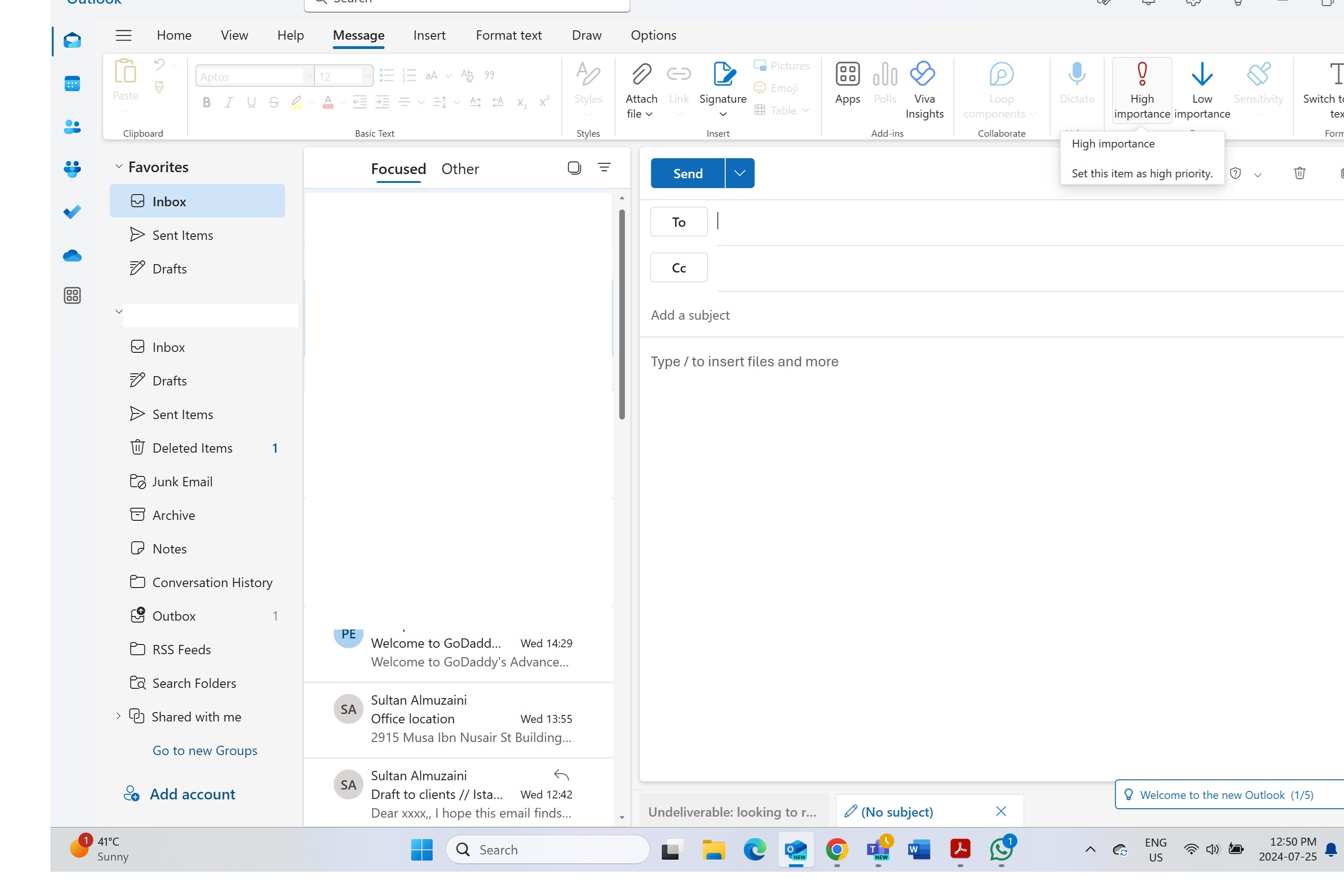 I can't find review, design, layout or reference tabs in outlook mail ...