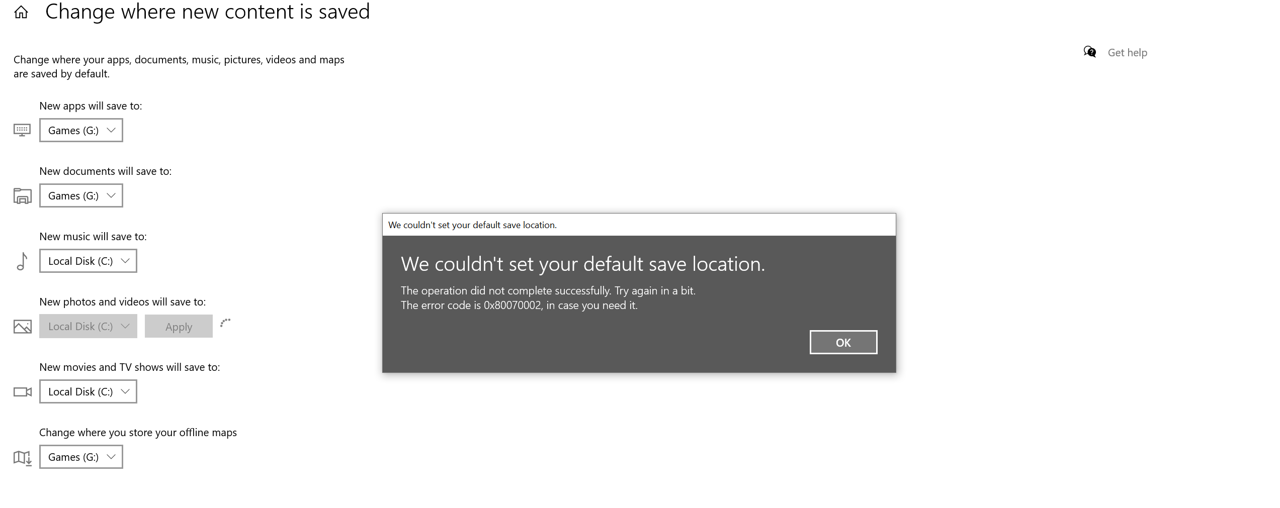 How do I fix error code 0x800700002 on windows 10 when changing default ...