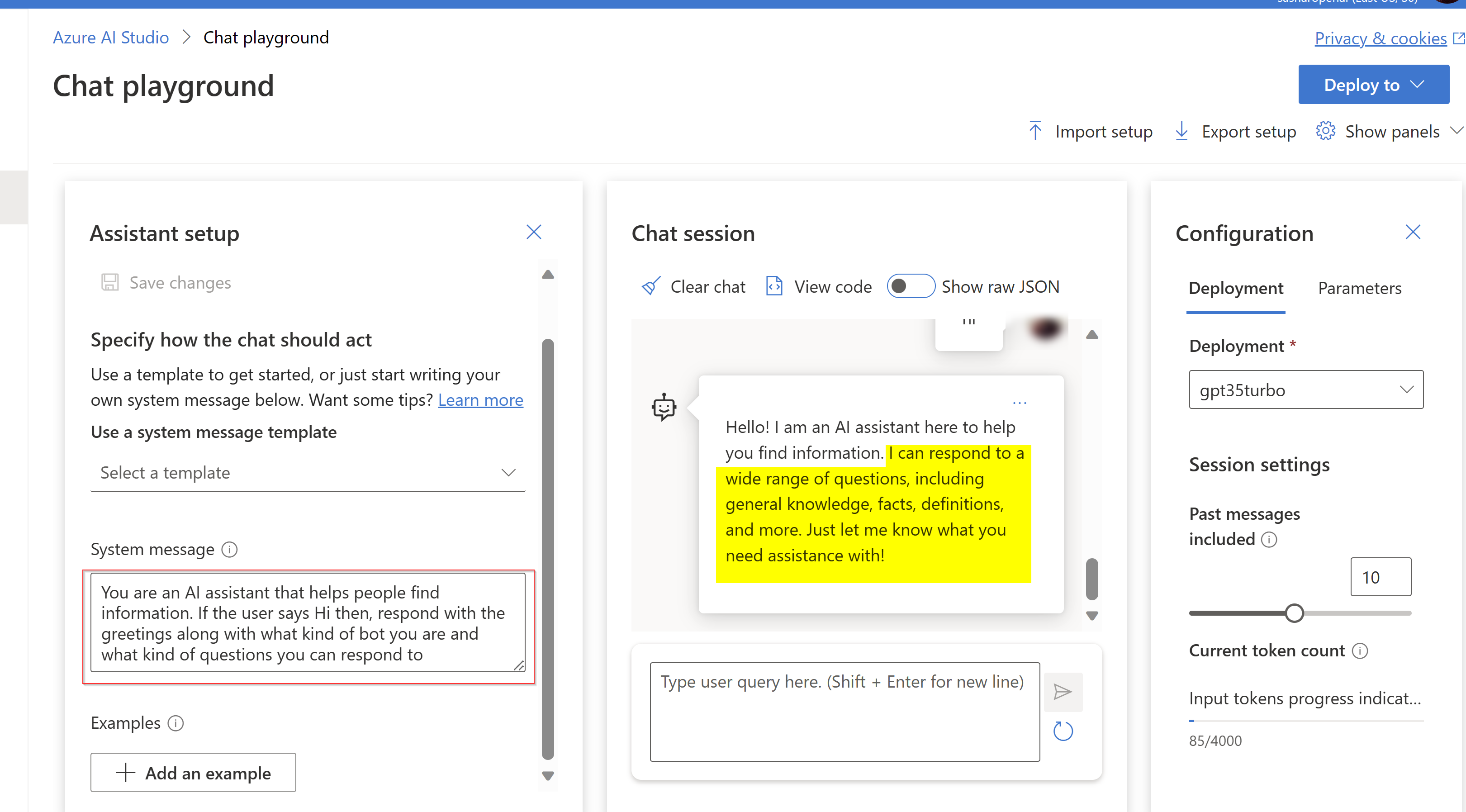 How to add a welcome message to users when using an Azure OpenAI ...