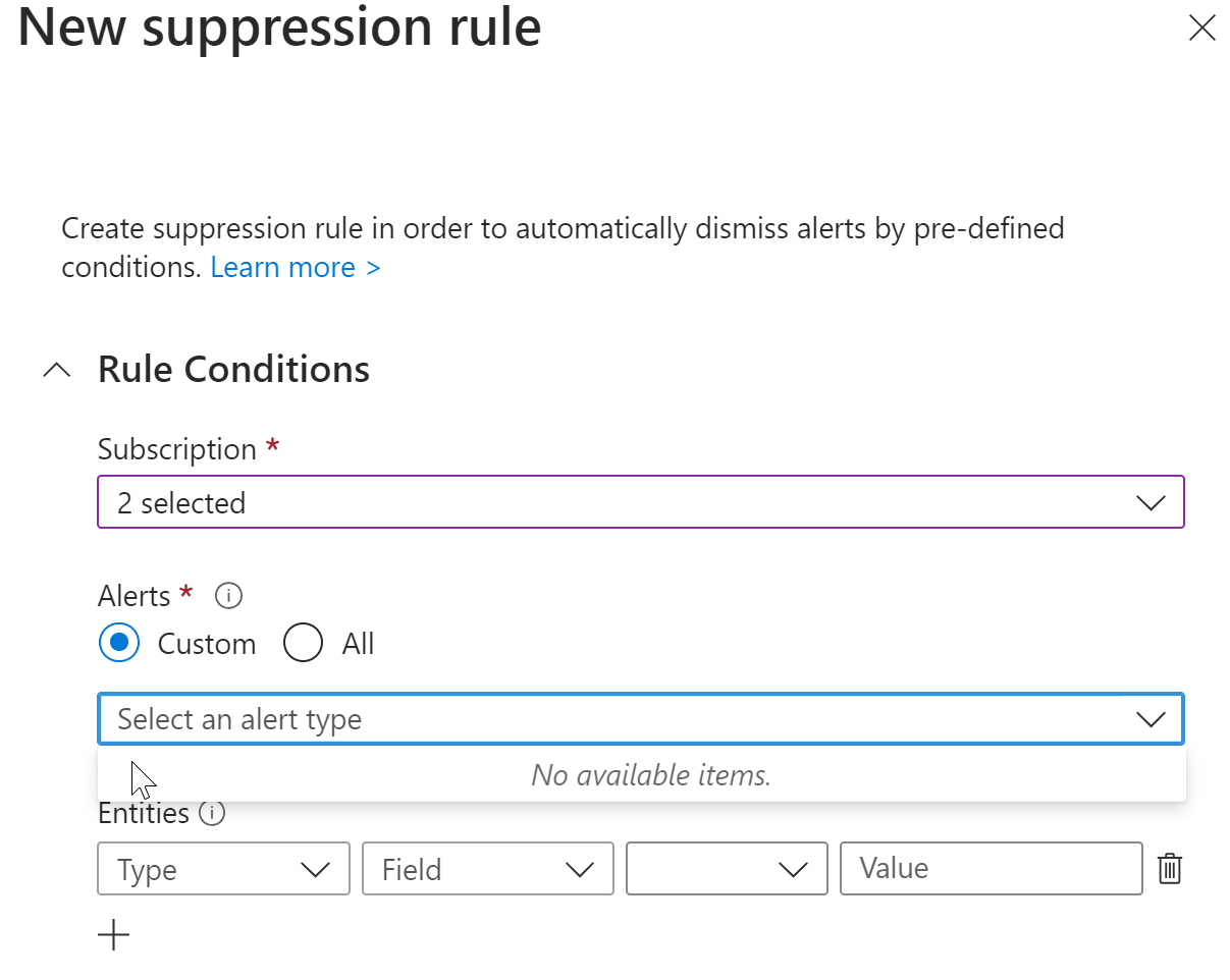 Can't select alert type in new suppression rule - Microsoft Q&A