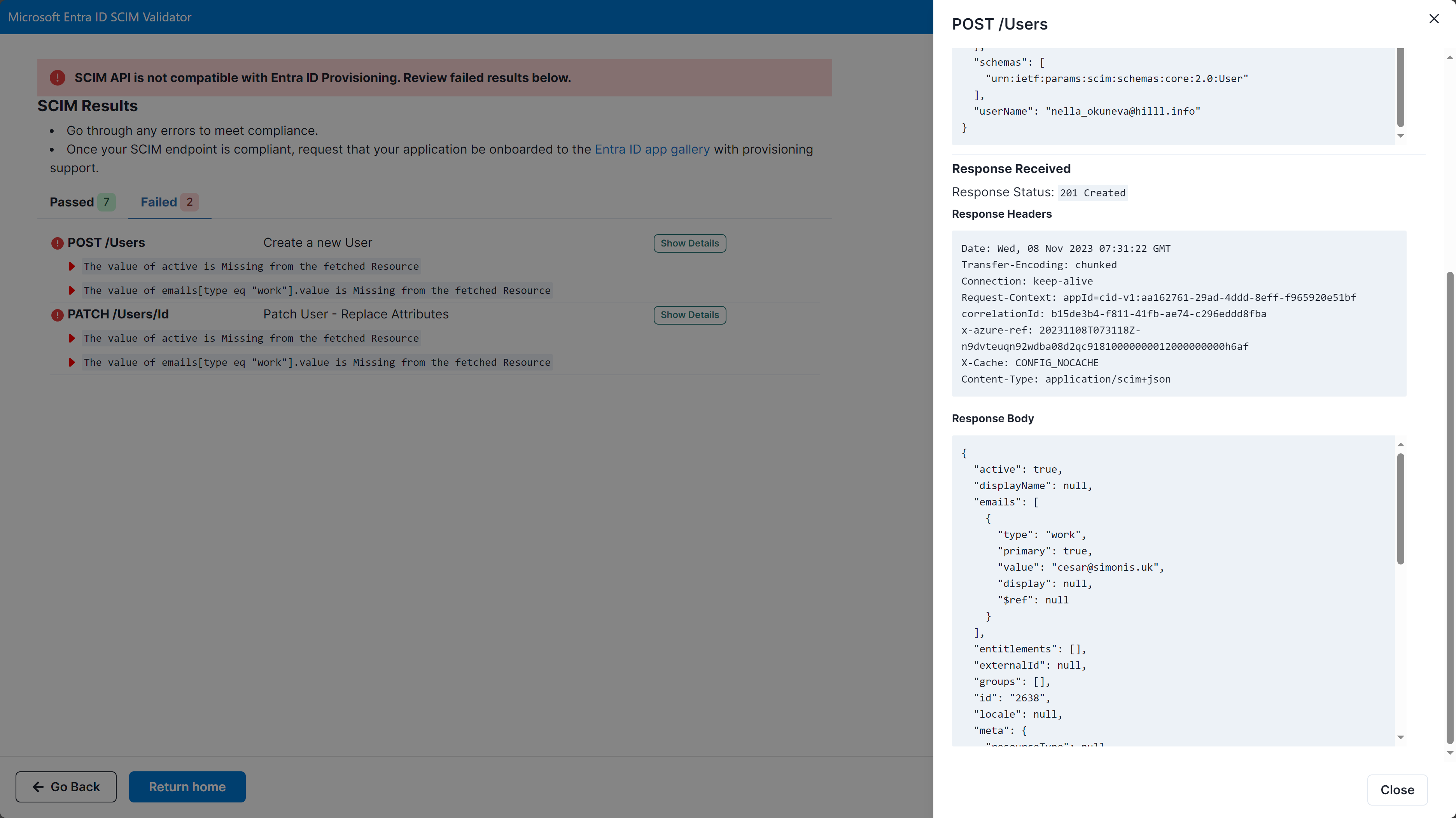 Scim validator failing due to missing values from the fetched response - Microsoft Q&A