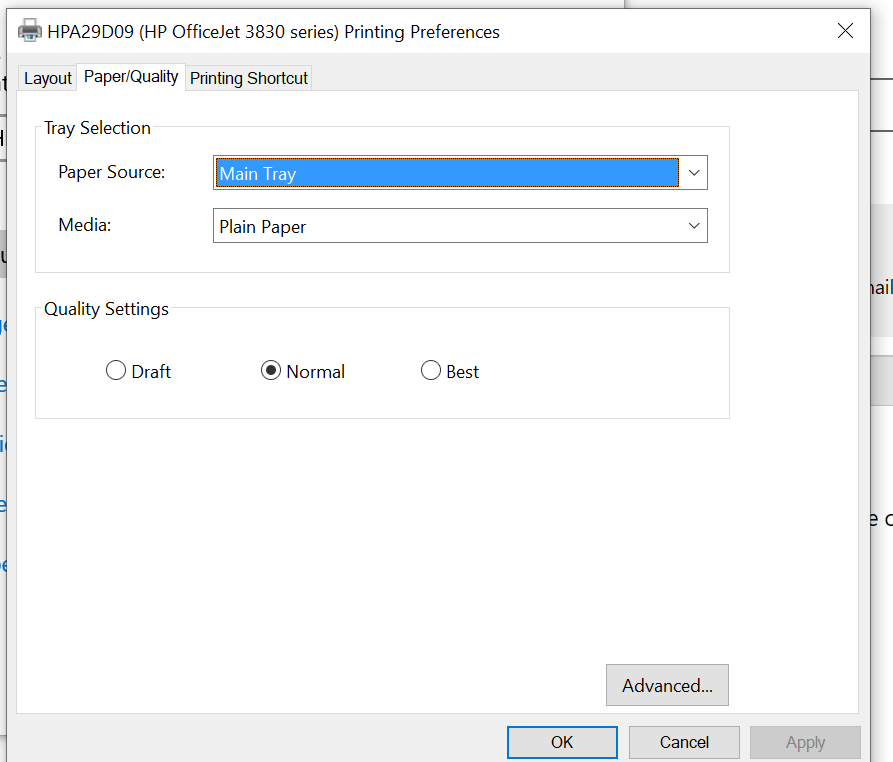 Color setting not available in paper quality tab - would like to print ...