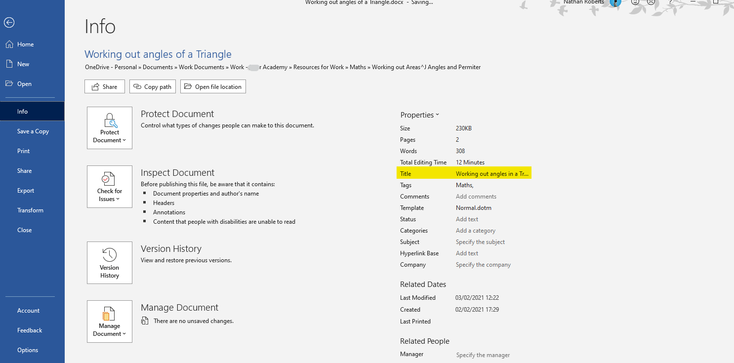 How to change the File->Info->properties->Contents->documents contents ...