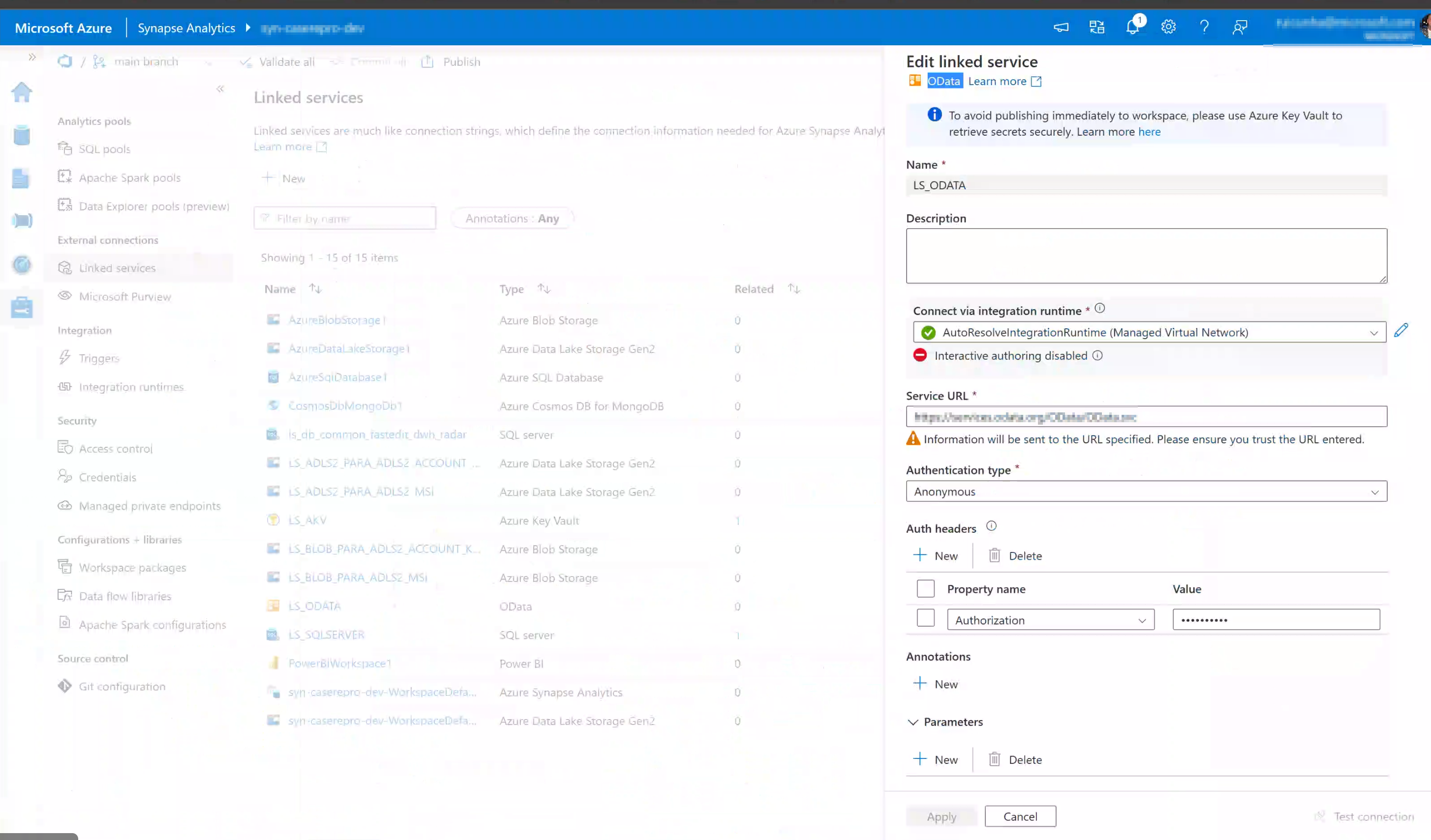 Synapse vs Devops - Discrepancy with Authorization field in OData ...
