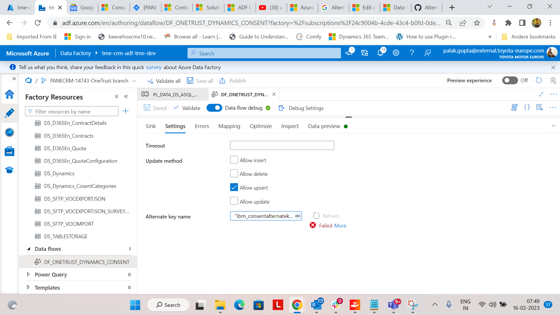 Azure Data Factory Data Flow : Unable to Upsert with Alternate Key in Dynamics CRM - Microsoft Q&A