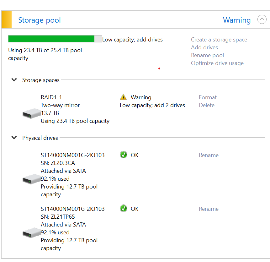 Windows Storage Spaces showing warning - Microsoft Q&A