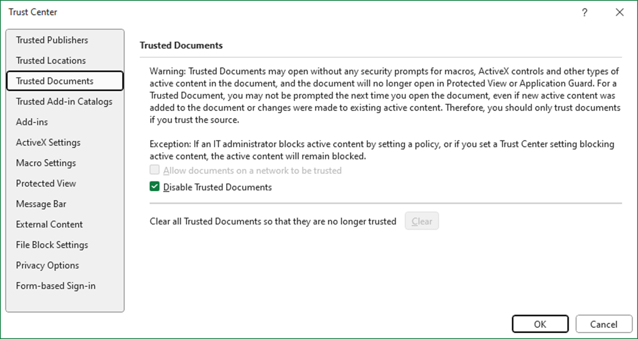 I made a 'OneDrive - Personal' folder a trusted location, enabled the 'Allow Trusted Locations ...