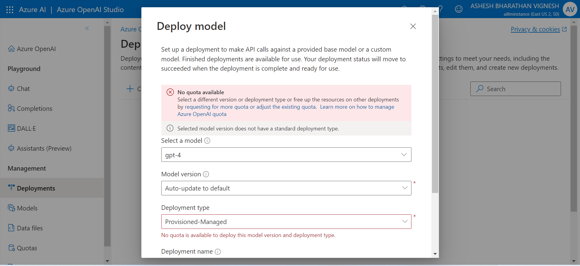 Getting error while deploying a gpt4 model - Microsoft Q&A Getting error while deploying a gpt4 model - Microsoft Q&A