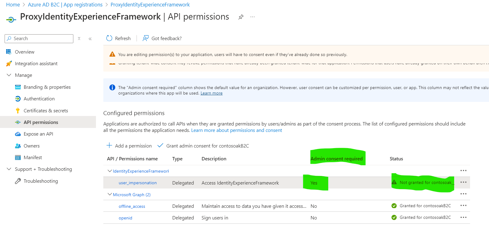Creating API permissions in Azure AD B2C, status doesn't change to "Granted for ..." - Microsoft Q&A