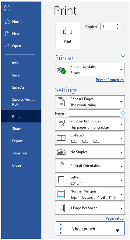 Add 3 hole punch option drop down to my Word Print settings - Microsoft Q&A