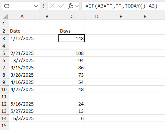 I want to show in cell how many days have passed since date in each ...