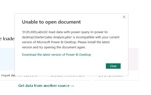 Getting a message that version of Power BI is incompatible with Labs\03 ...