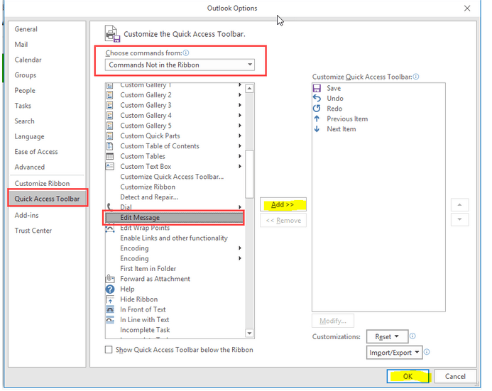 Missing 'edit message' quick access toolbar button - Microsoft Q&A