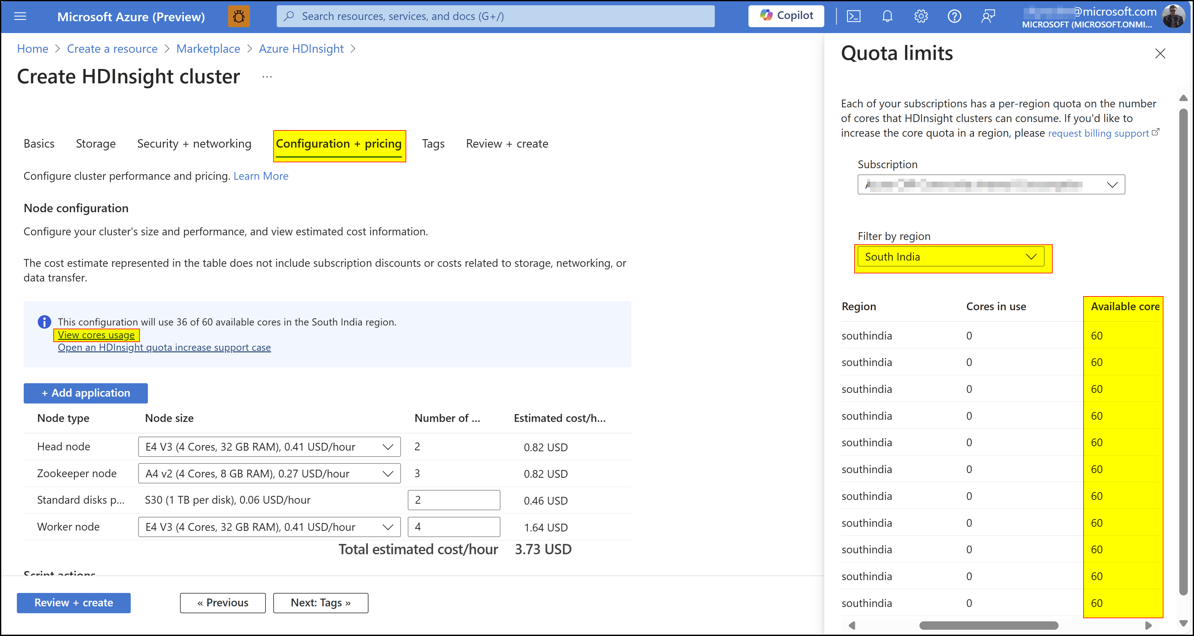 HDInsight Version 3.6 is Deprecated,User SubscriptionId 'XXX' does not have cores left to create ...