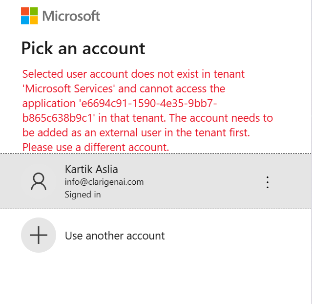 Selected user account does not exist in tenant 'Microsoft Services' and ...