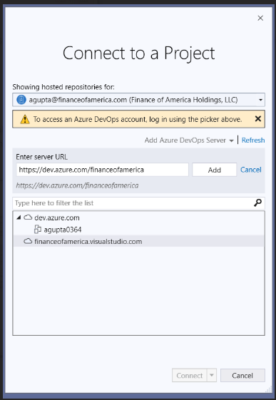 Visual Studio Team Explorer Connection Manager not listing Projects ...