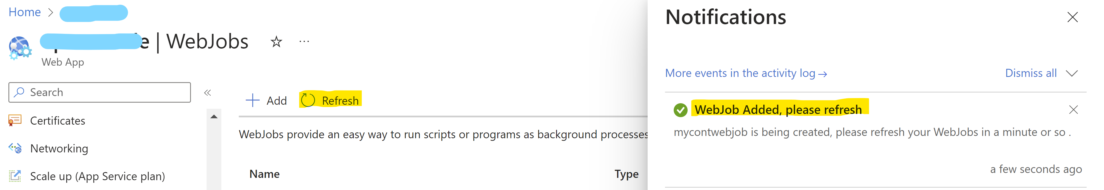 Unable to create WebJobs on Azure portal - Microsoft Q&A