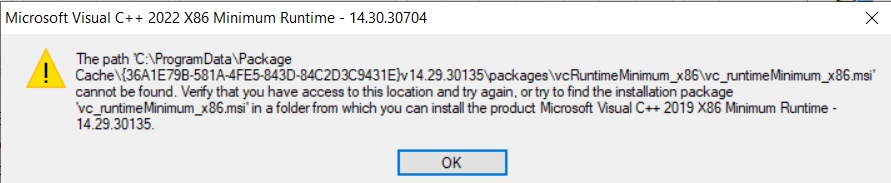 vc_runtimeMinimum_x86.msi missing. Already unistalled all ...