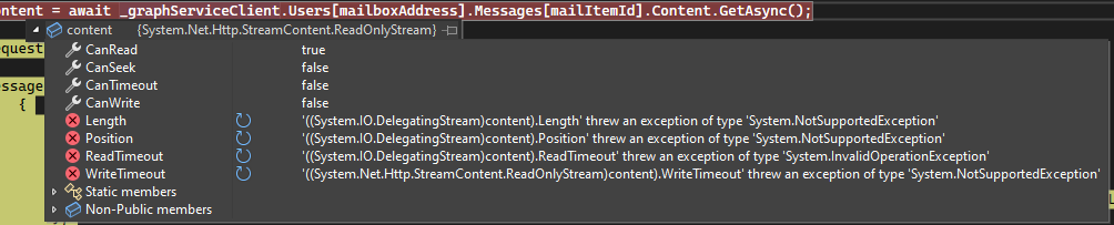 When Getting Mime Content Of Outlook Message Using Graph Sdk In The Stream Response Length
