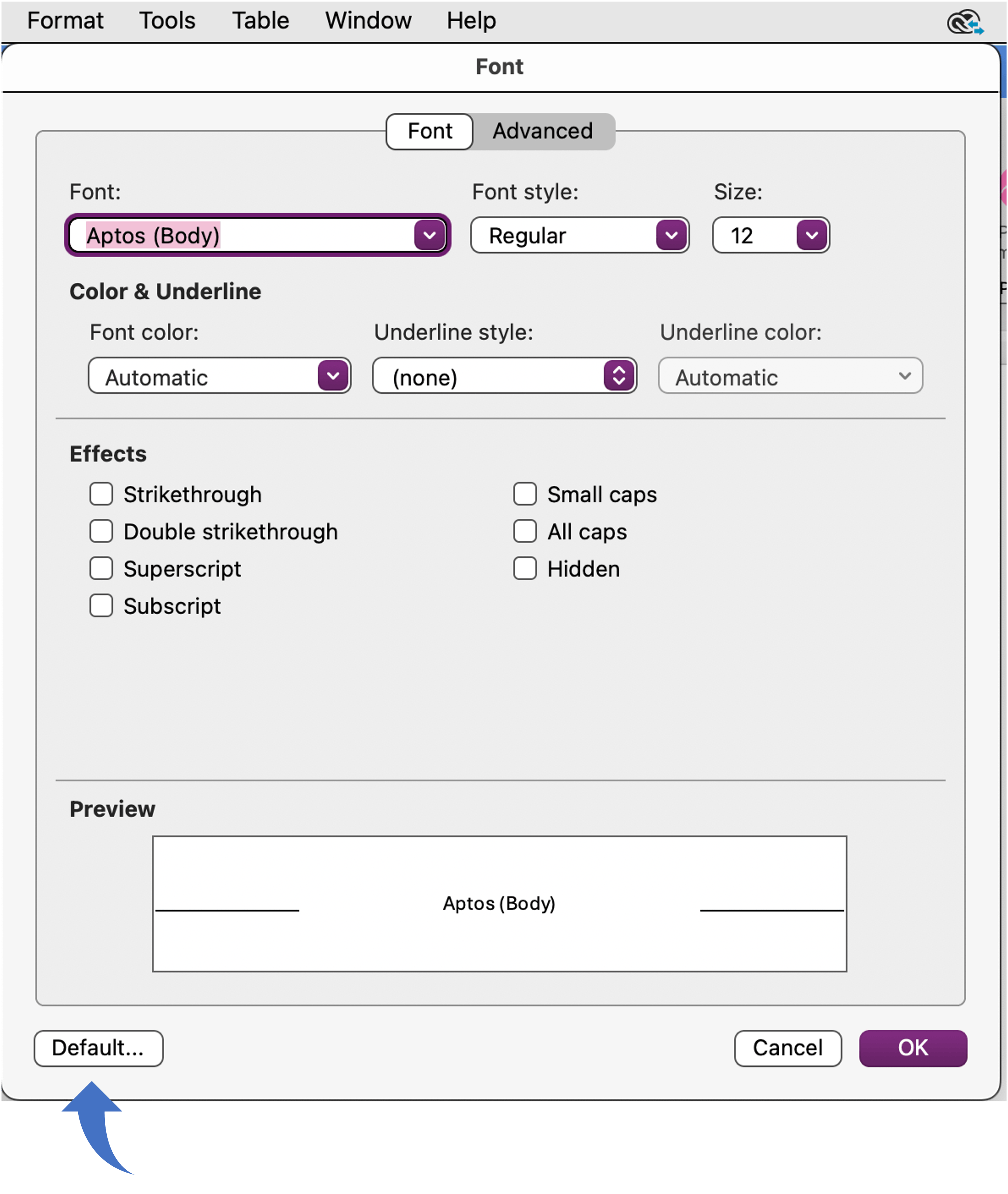 I want to change default font Aptos ot Calibri on Office 365 on Mac ...