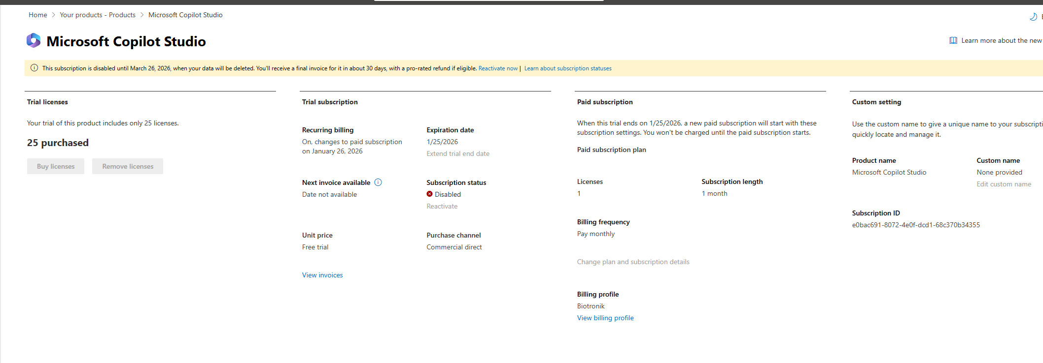 Microsoft Copilot Studio trial license - Subscription ID: e0bac691-8072 ...