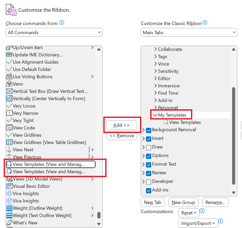 The button to access "My Templates" has disappeared from the ribbon ...