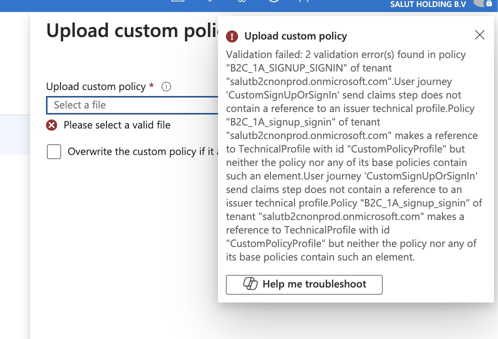 Azure B2C SignUpOrSignIn.xml throws continues validation errors when i upload a custom policy in ...