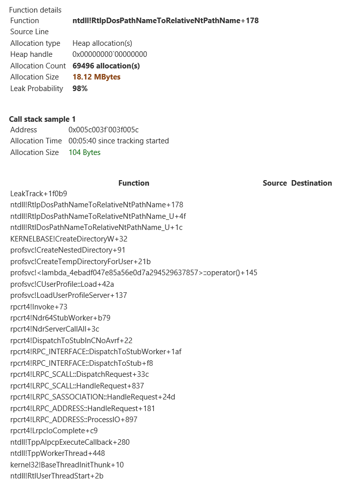 Memory leak inside ntdll.dll internal function RtlpDosPathNameToRelativeNtPathName() - Microsoft Q&A