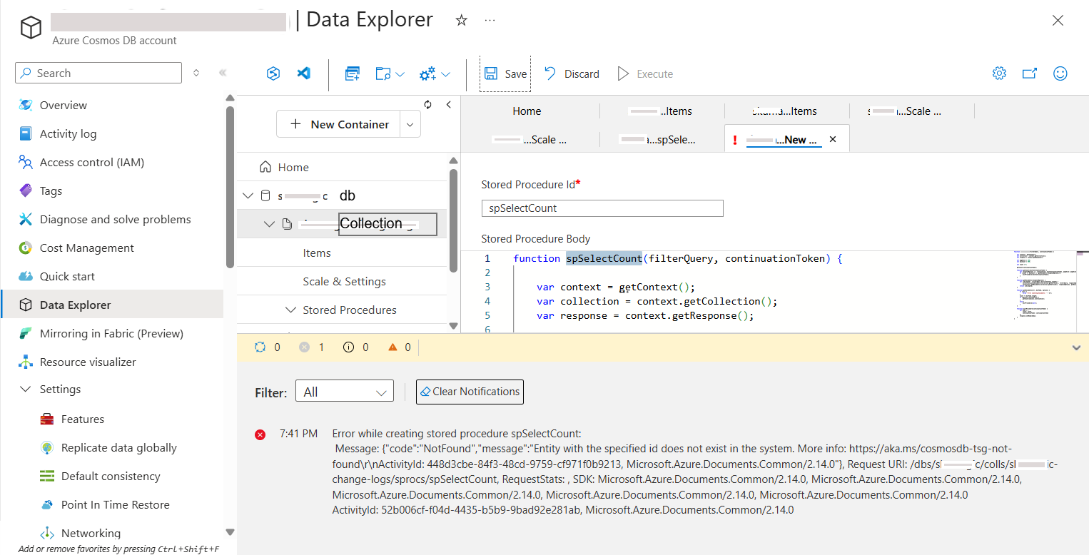 Unable to Create Stored Procedure in Azure Cosmos DB Container - Microsoft Q&A