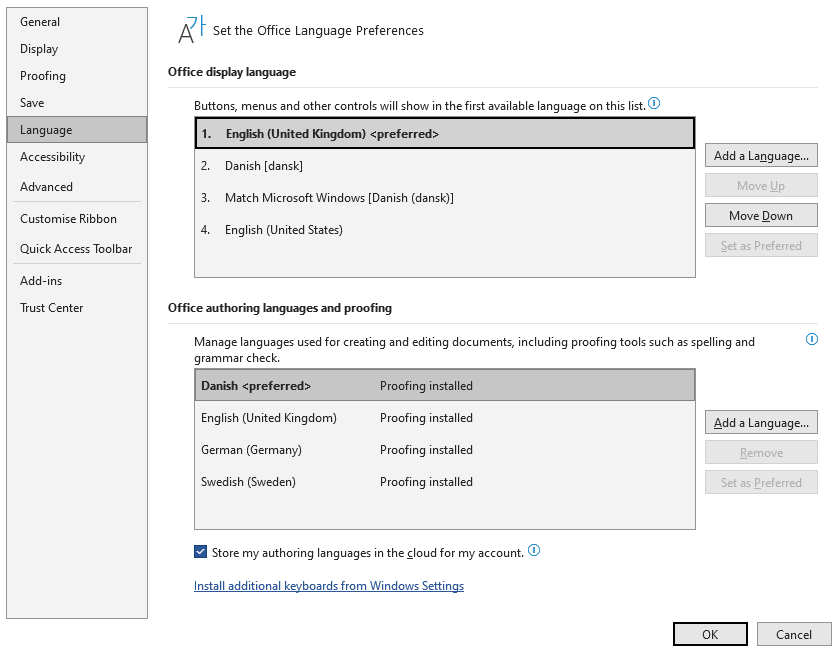 Why does my "Office Display Language" in Office change to Danish after ...