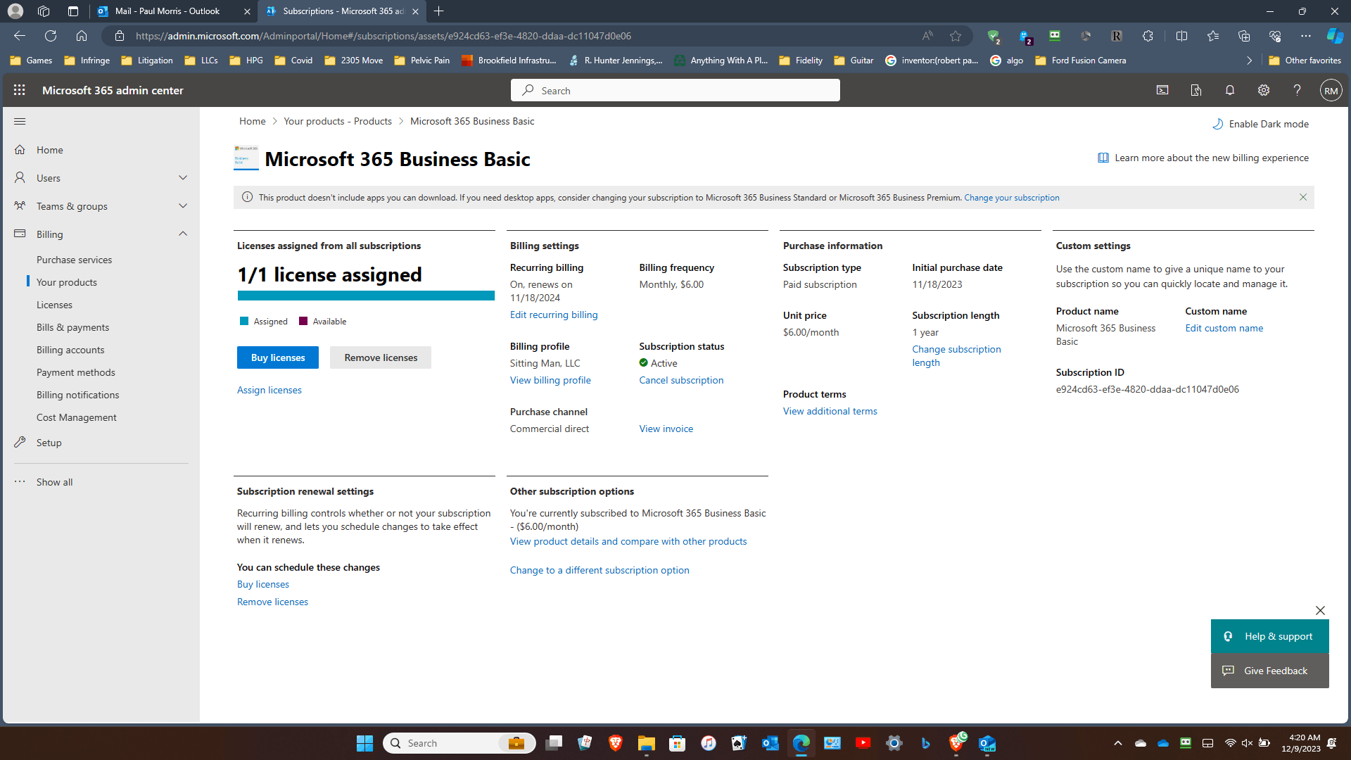 Microsoft 365 product status is active but subscription status is ...
