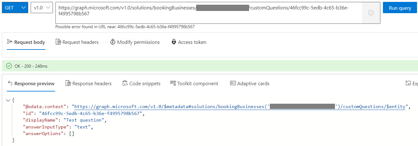 Booking custom question with application permissions failing ...