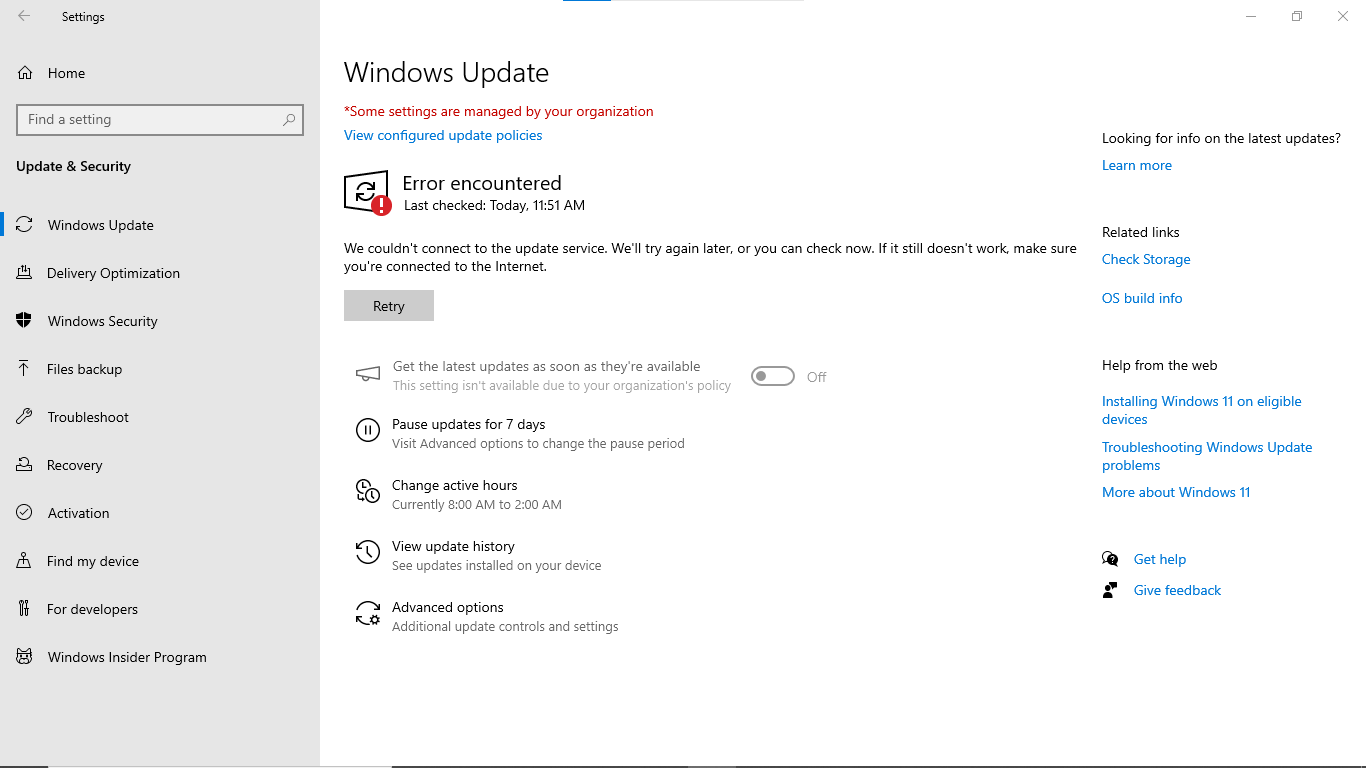 We couldn't connect to the update service - some settings are managed ...