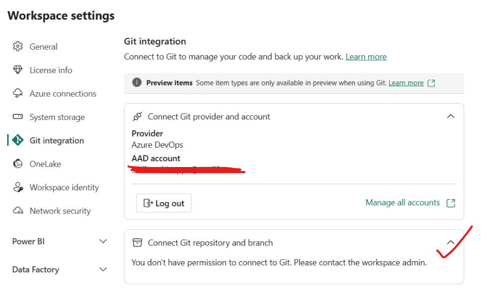User not able to connect from Power BI workspace to azure repo ...