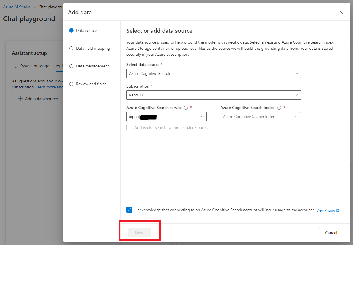 Azure AI studio - Add data source, Next button is greyed out when choosing cognitive search ...