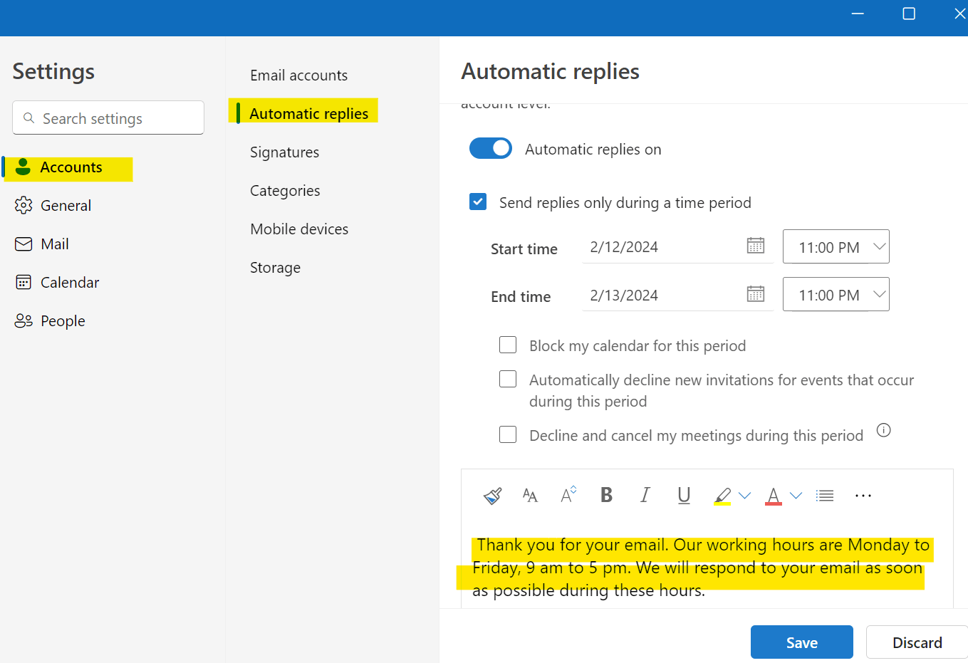 Setting up automatic replies with working hours in Outlook - Microsoft Q&A